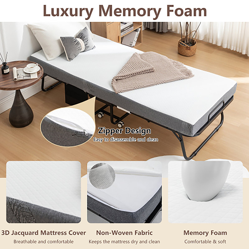 Cosima Folding Bed Frames with Memory Foam Mattress White Noise Size Twin